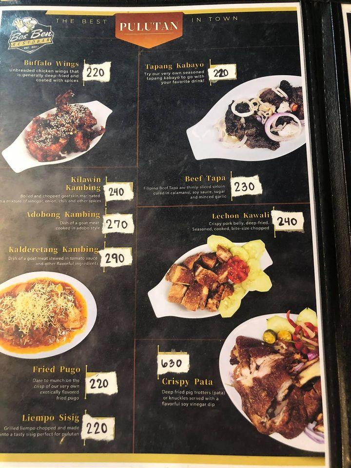 Menu at Bos Ben Restaurant and Sport Bar, Manila