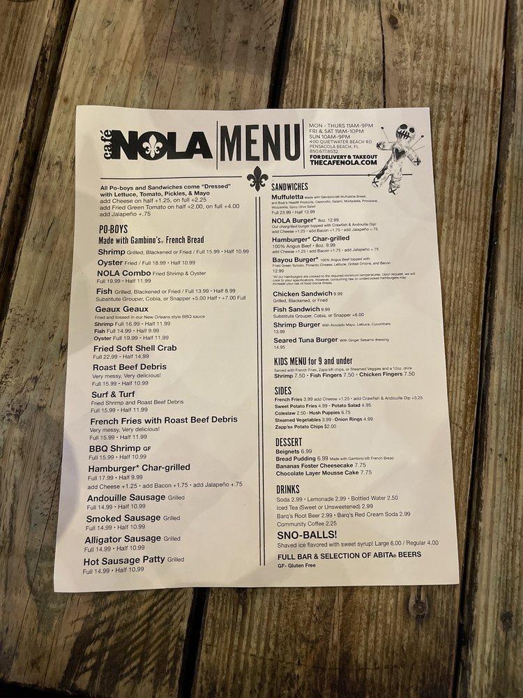 Menu at Cafe Nola, Gulf Breeze