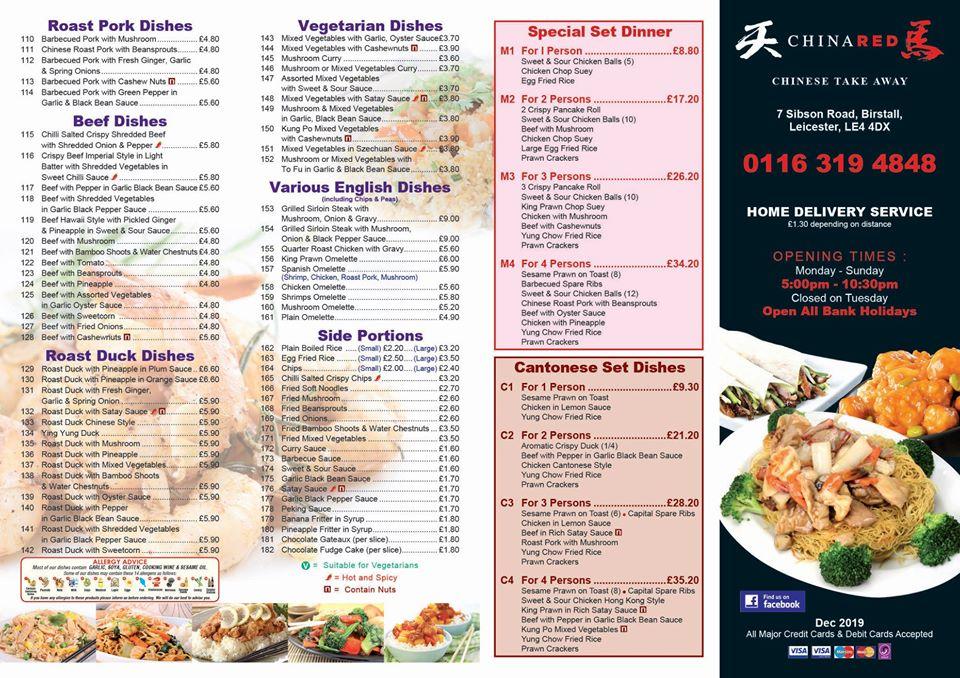 Menu at China Red restaurant, Leicester