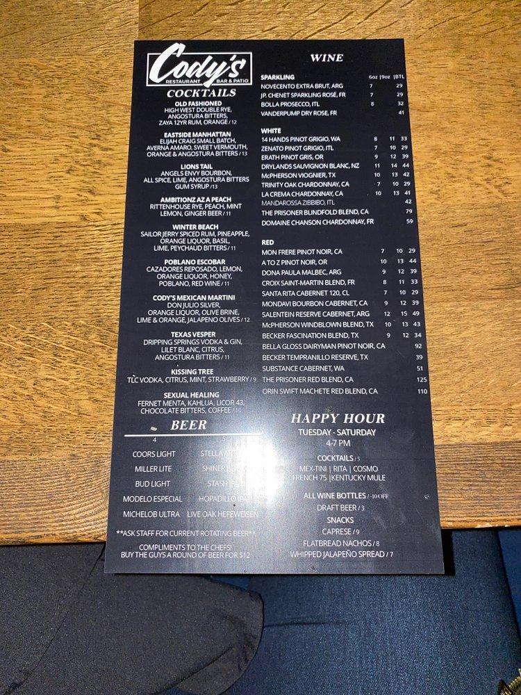 Menu at Cody's Restaurant Bar & Patio, San Marcos