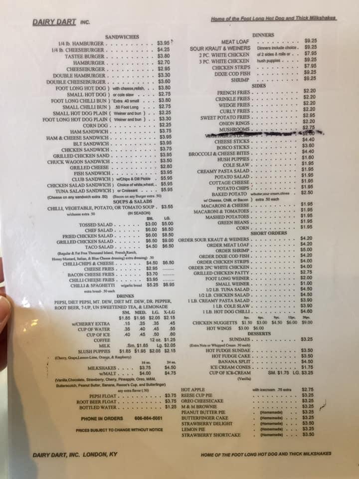 Menu at Dairy Dart desserts, London, 841 S Main St