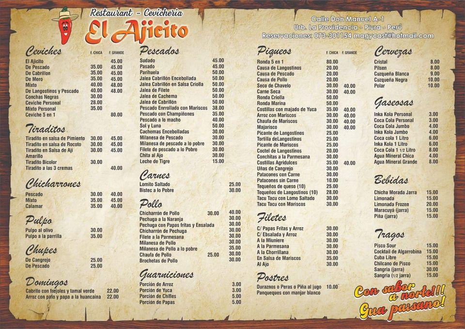 Menu at El Ajicito restaurant, Piura