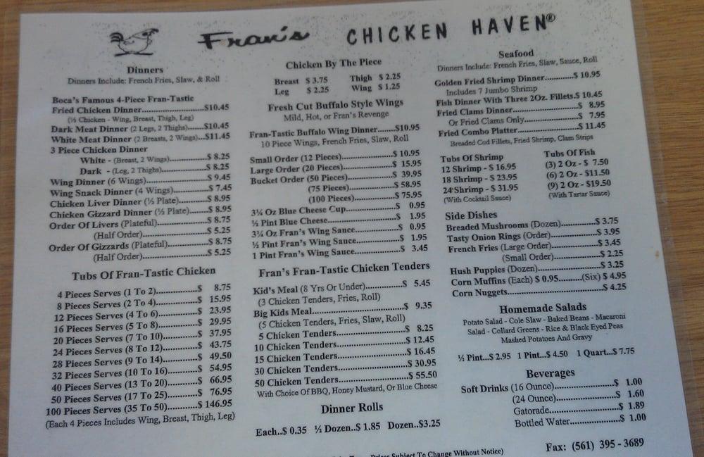 Menu at Fran's Chicken Haven restaurant, Boca Raton