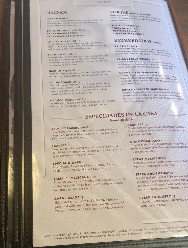 Menu at Frida's Mexican Restaurant, Collierville