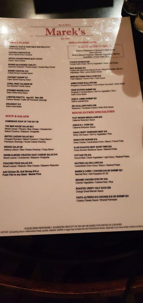 Menu at Marek's Restaurant, Marco Island