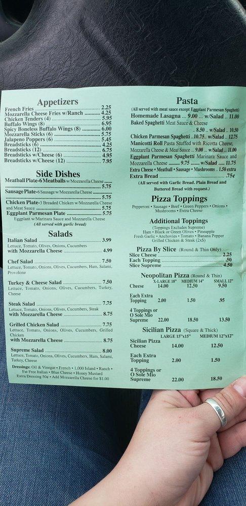 Menu at O Sole Mio pizzeria, South Boston, Bill Tuck Hwy