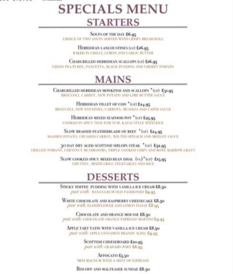 Menu at The Boatshed Restaurant, Stornoway, Cromwell St