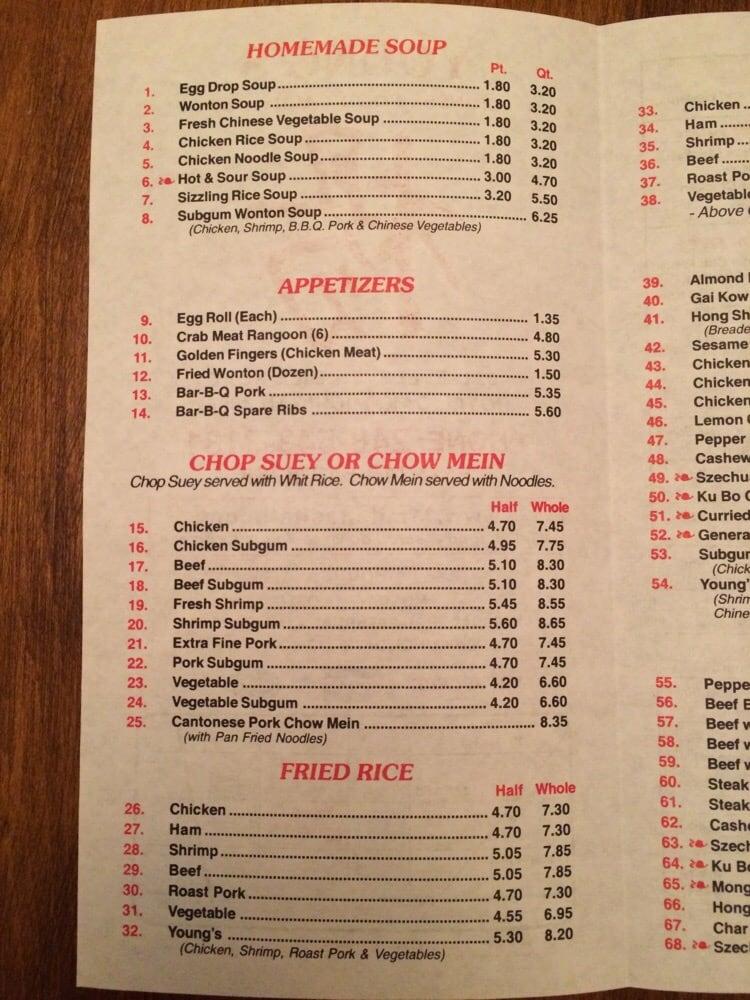 Menu at Young's Chinese Food Carryout restaurant, Royal Oak