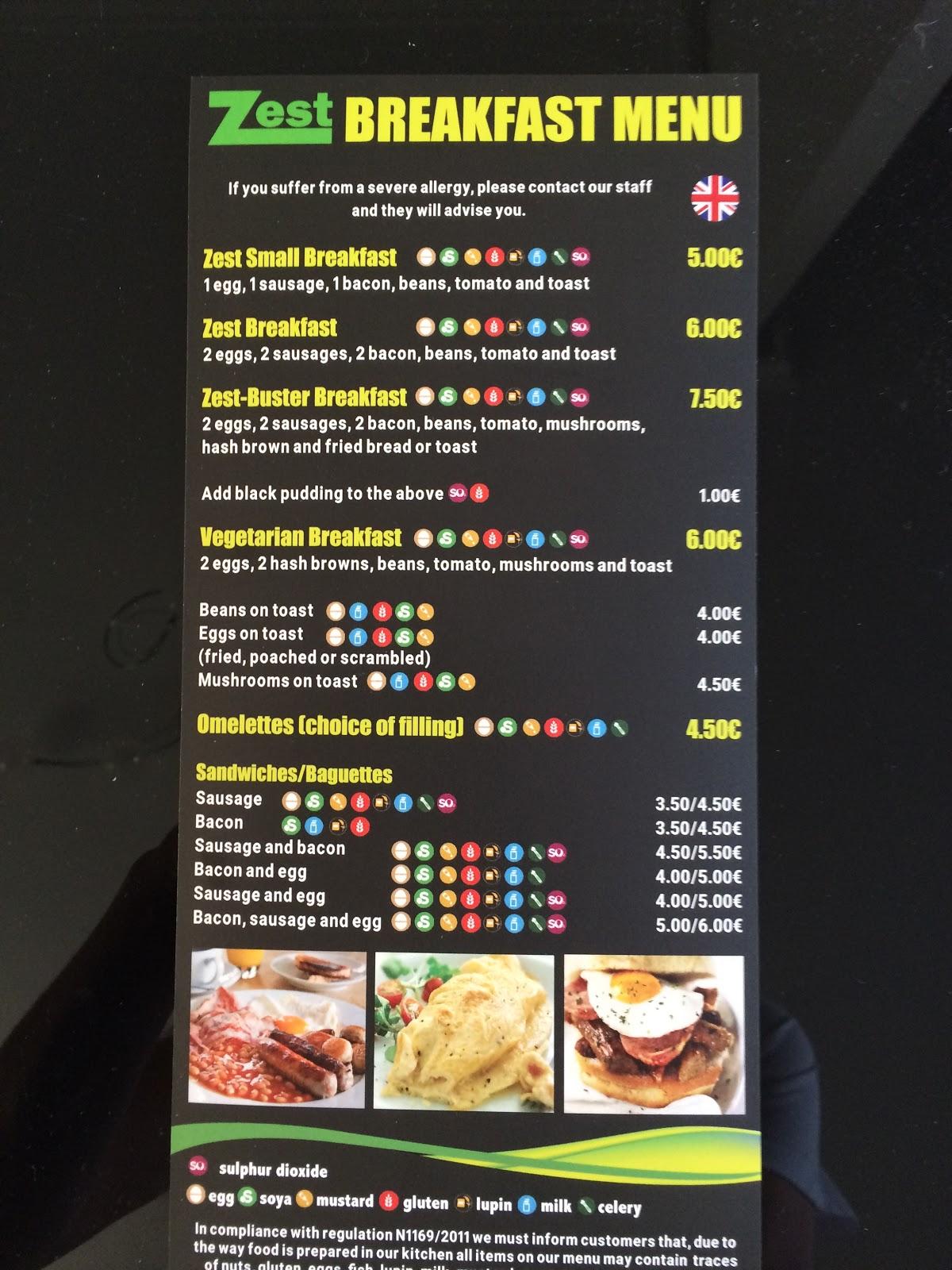 Carta del restaurante ZEST, Gran Alacant