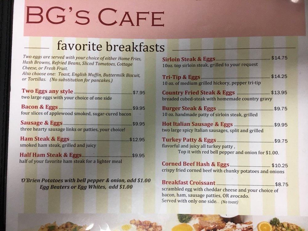 Menu at BG's Cafe, Oxnard
