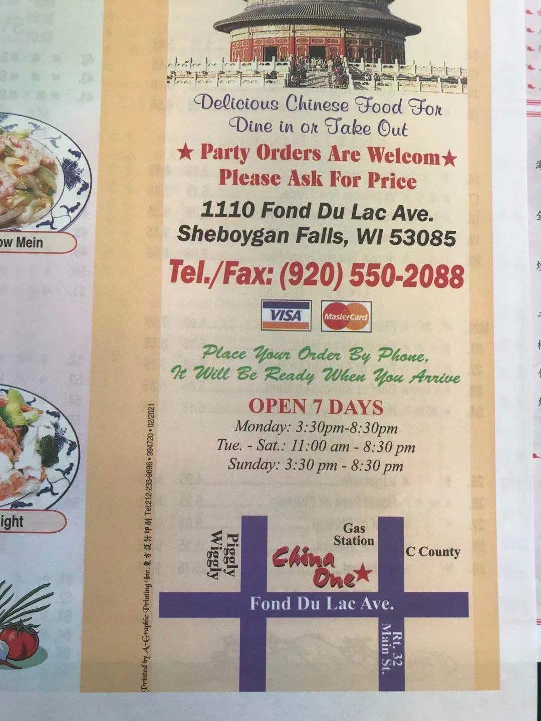 Menu at China One restaurant, Sheboygan Falls