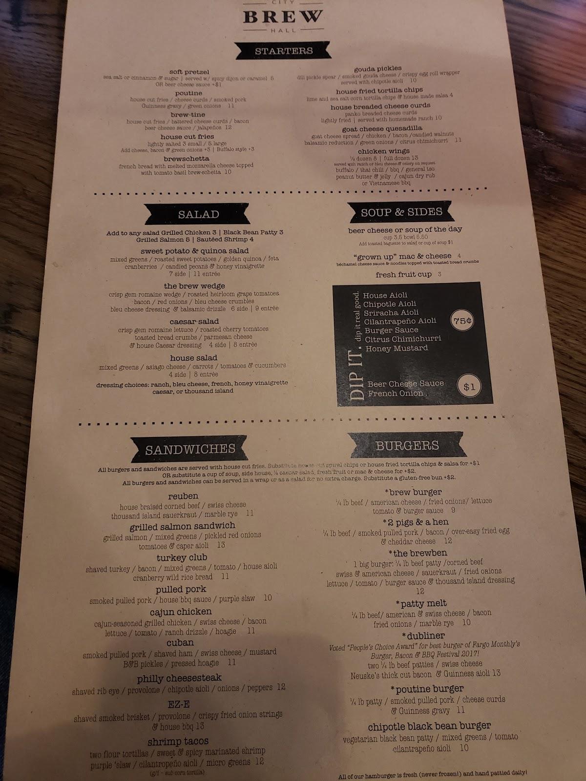 Menu at City Brew Hall pub & bar, Wahpeton