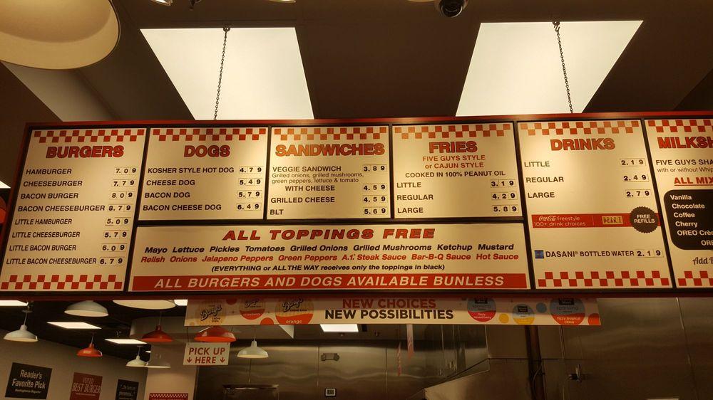 Menu at Five Guys fast food, Virginia Beach, 750 Independence Blvd