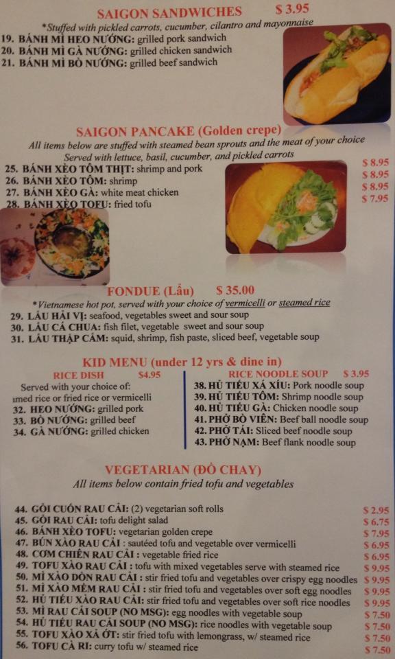 Menu at Saigon #1 Pho restaurant, Virginia Beach, 448 Newtown Rd