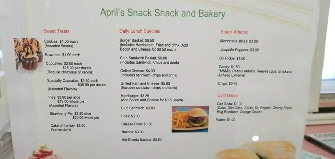 Menu at April's Snack Shack and Bakery, Spring