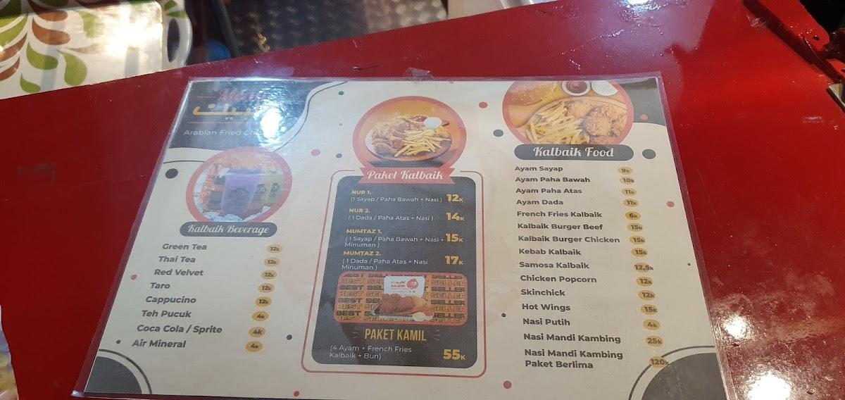 Menu at Arabian Fried Chicken restaurant, East Jakarta