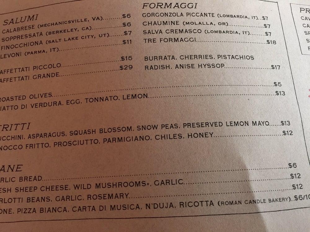Menu at Ava Gene's restaurant, Portland