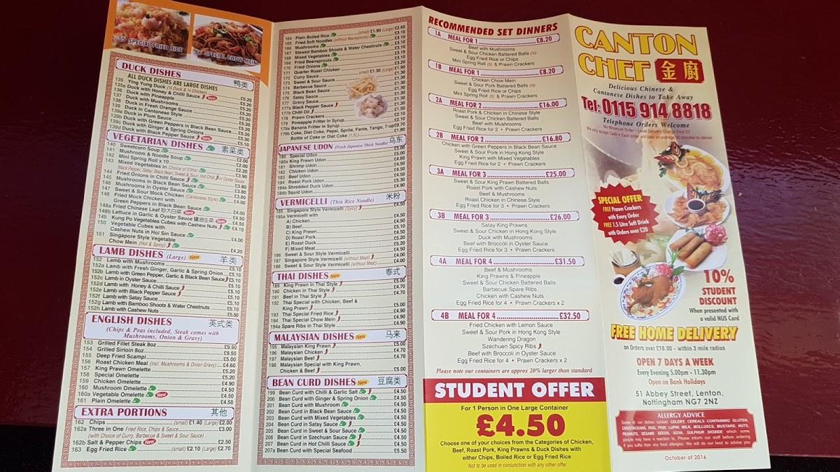 Menu at Canton Chef restaurant, Nottingham, 51 Abbey St