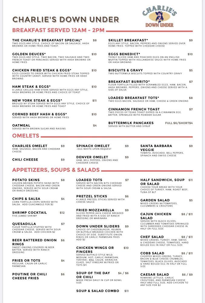 Menu at Charlie's Down Under pub & bar, Las Vegas