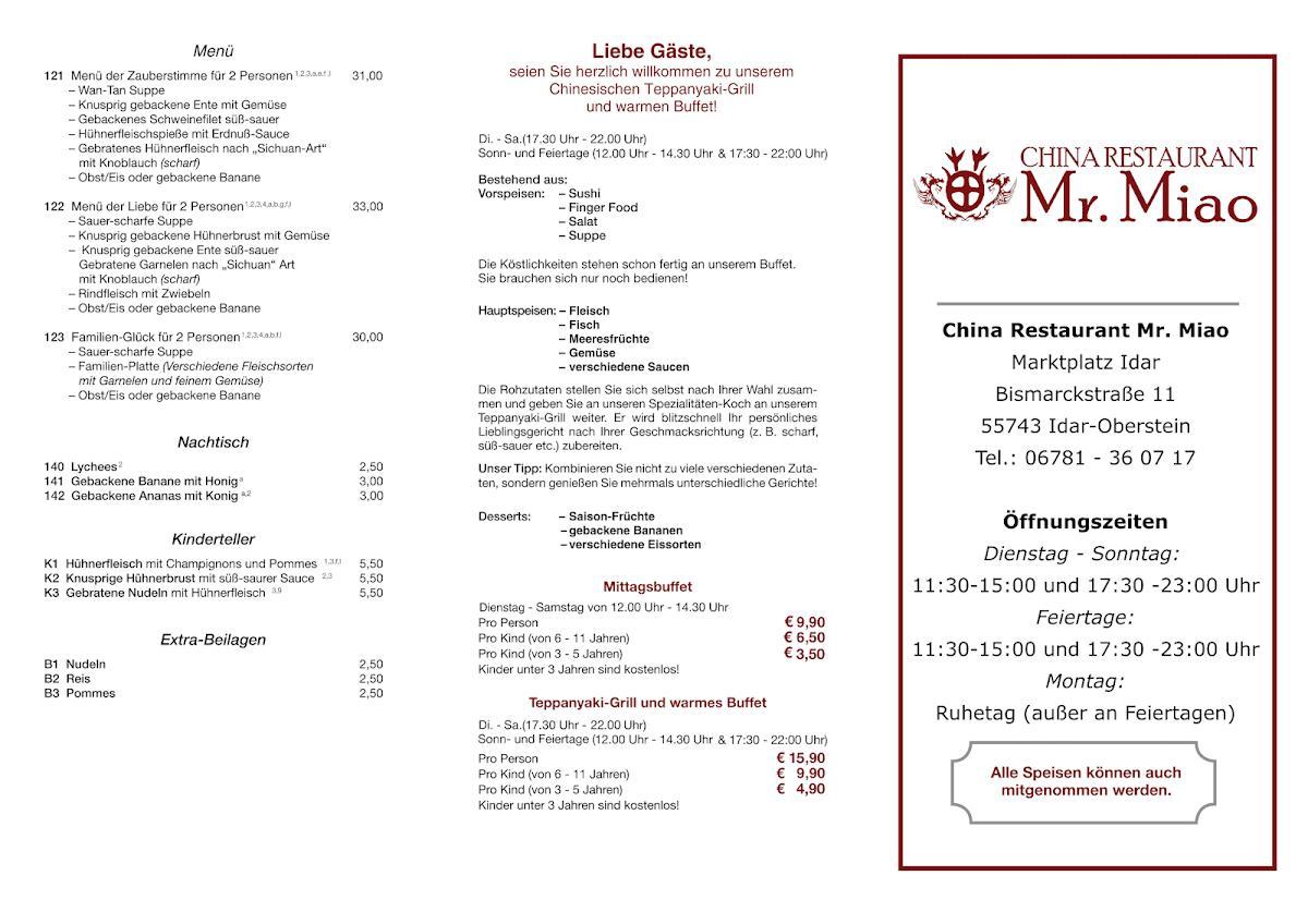 Speisekarte von China Restaurant Mr. Miao, Idar-Oberstein