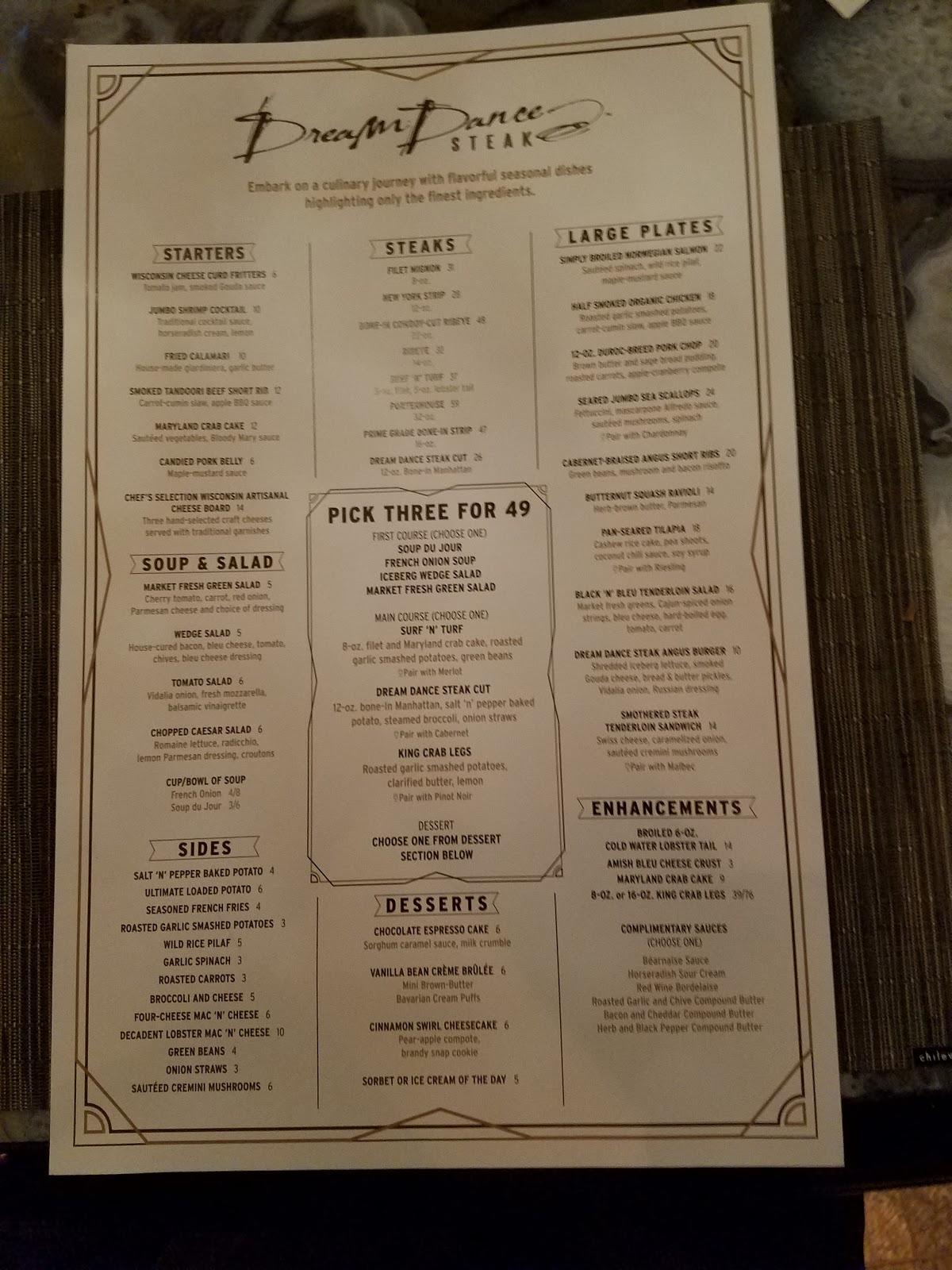 Menu at Dream Dance Steakhouse, Milwaukee