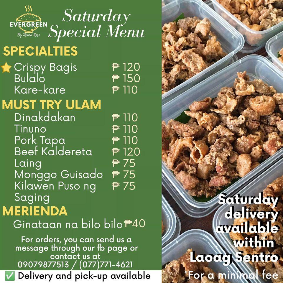 Menu at Evergreen eatery restaurant, Laoag City