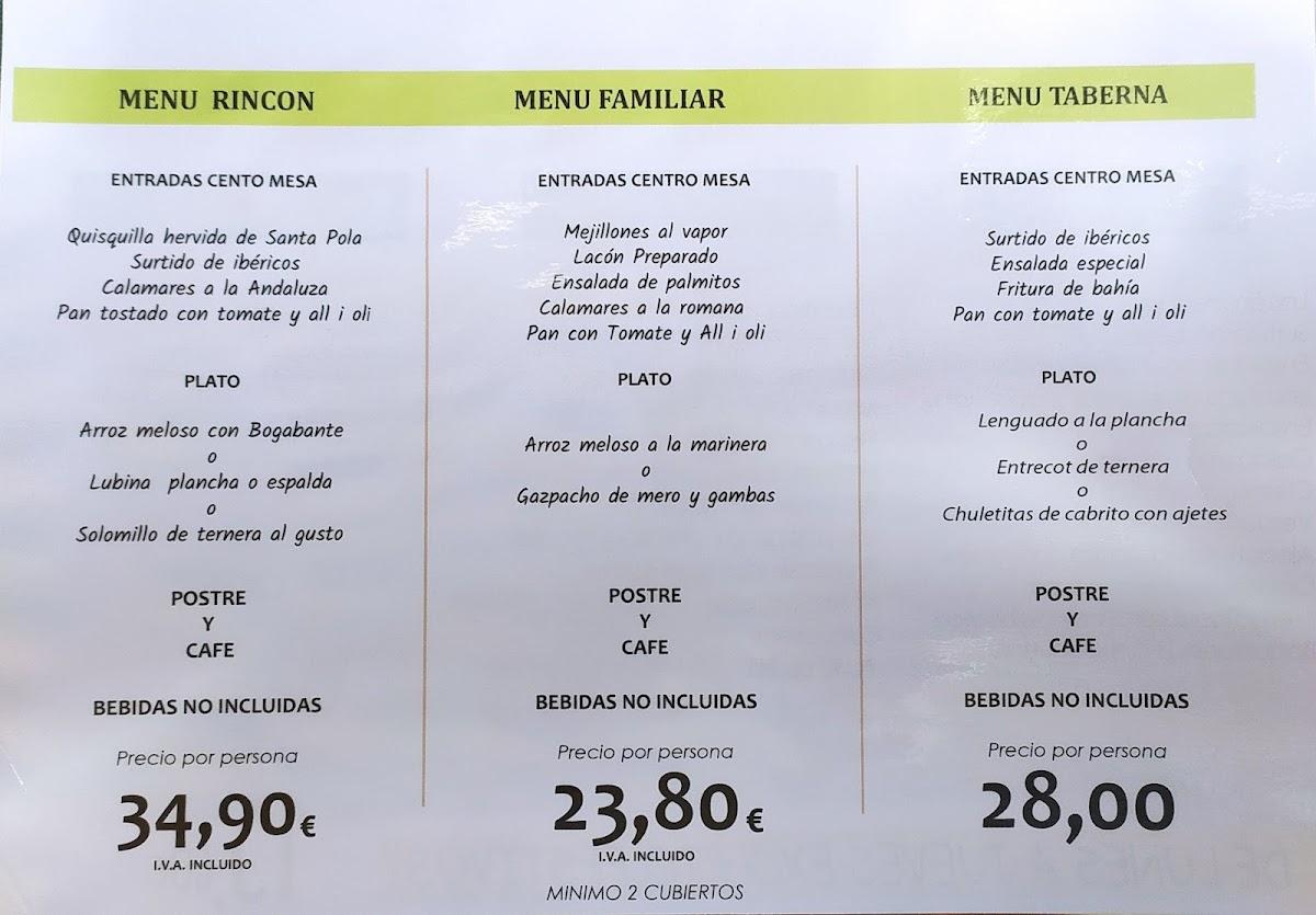 Carta del restaurante Taberna Rincón del Miguel, Alicante