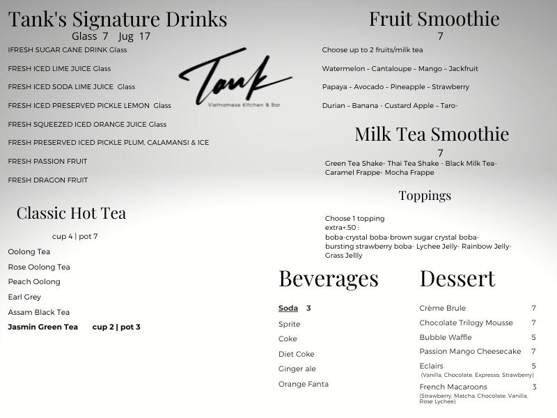Menu at Tank Kitchen & Bar, Chicago
