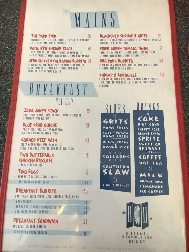 Carta de The Blue Hen Café, San Agustín
