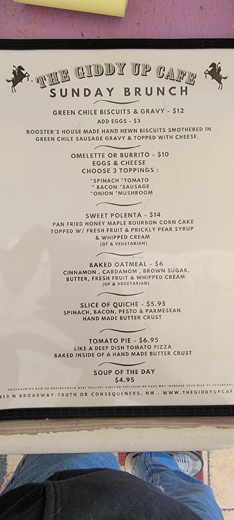 Menu at The Giddy up Cafe, Truth or Consequences