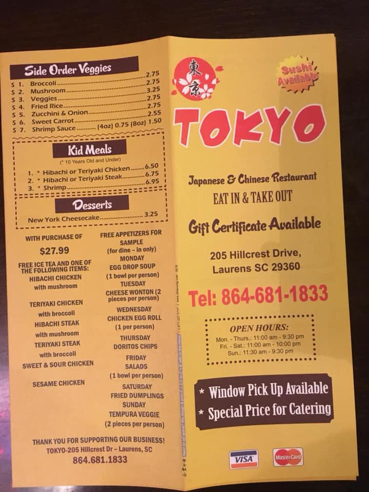 Menu at Tokyo Japanese & Chinese Restaurant, Laurens