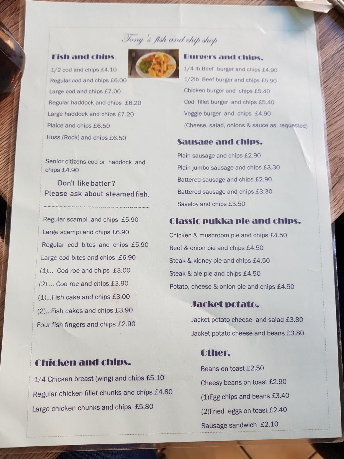 Menu at Tony's Fish & Chip Shop fast food, Ryde