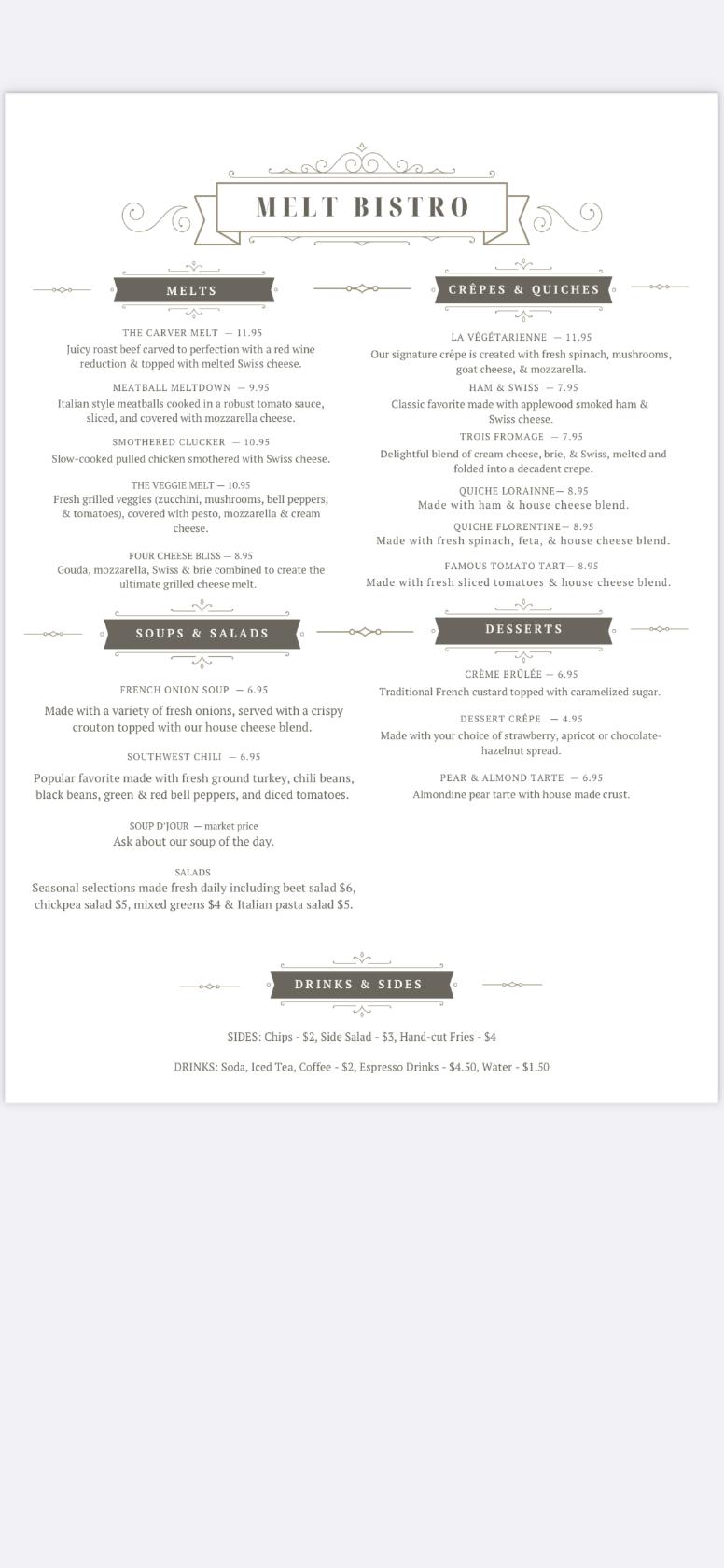 Menu at melt bistro restaurant, Woodstock