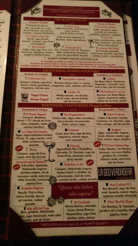 Menu at Doppelganger Bar, Buenos Aires