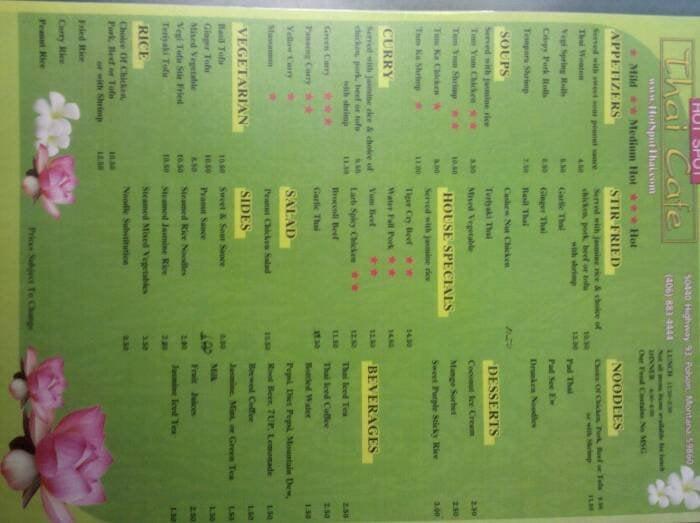 Menu at Hot Spot Thai Cafe, Polson