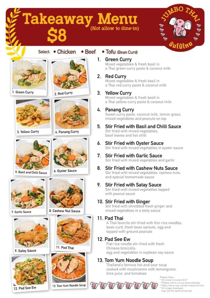 Menu at Jumbo Thai restaurant, Pyrmont, 60 Union St
