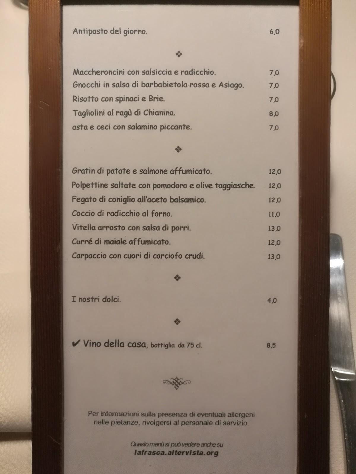 Menu da La Frasca ristorante, Firenze