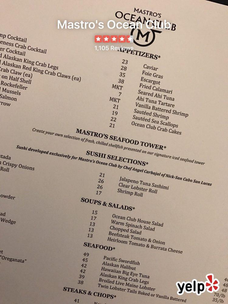 Menu at Mastro's Ocean Club, Las Vegas