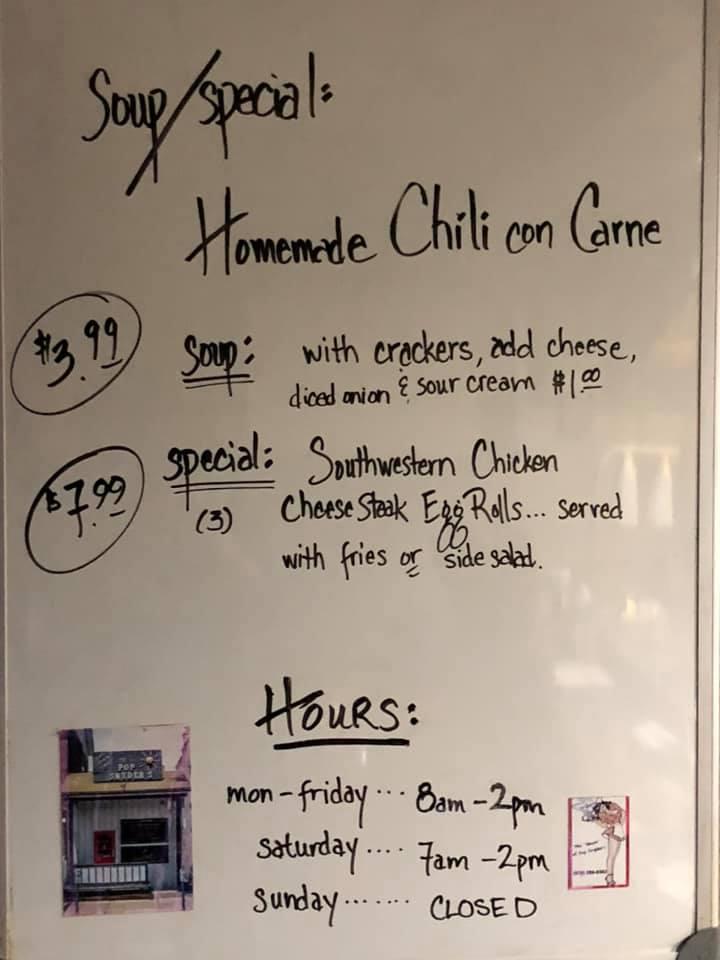 Menu at Pop Snyder's Lunch restaurant, Sunbury