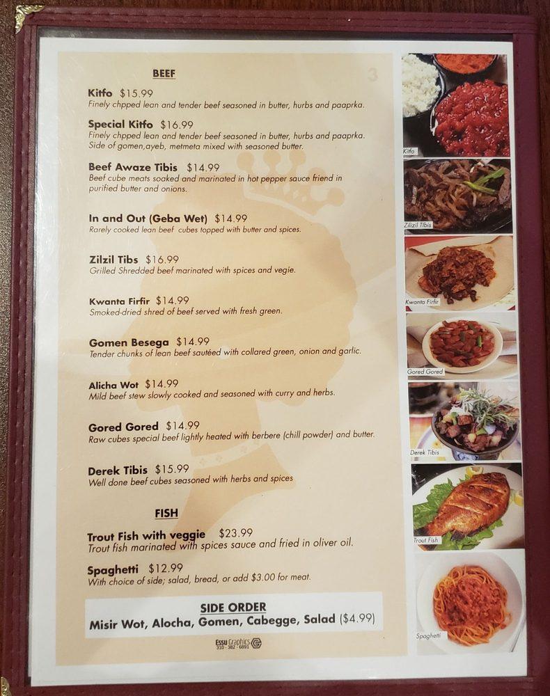 Carta de Queen of Sheba Ethiopian Restaurant, Inglewood