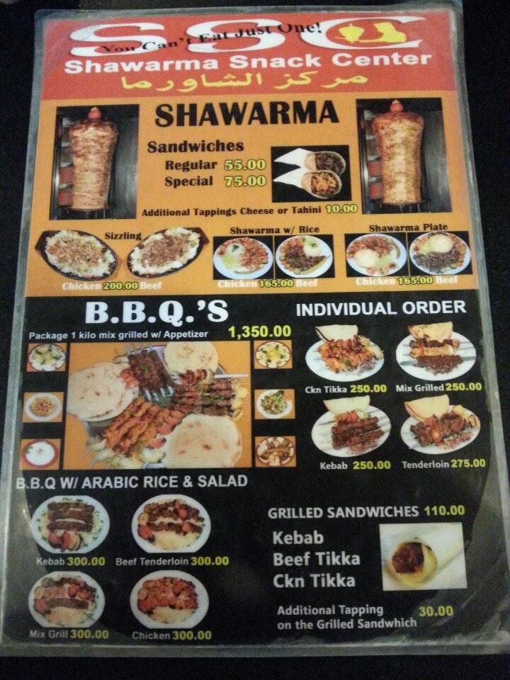 Menu at Shawarma Snack Center restaurant, Manila, 484 Salas St