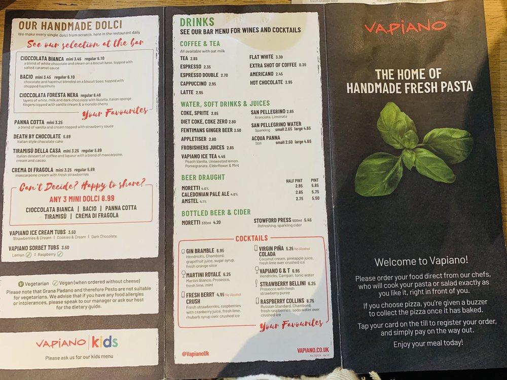 Menu at Vapiano Edinburgh cafeteria, Edinburgh