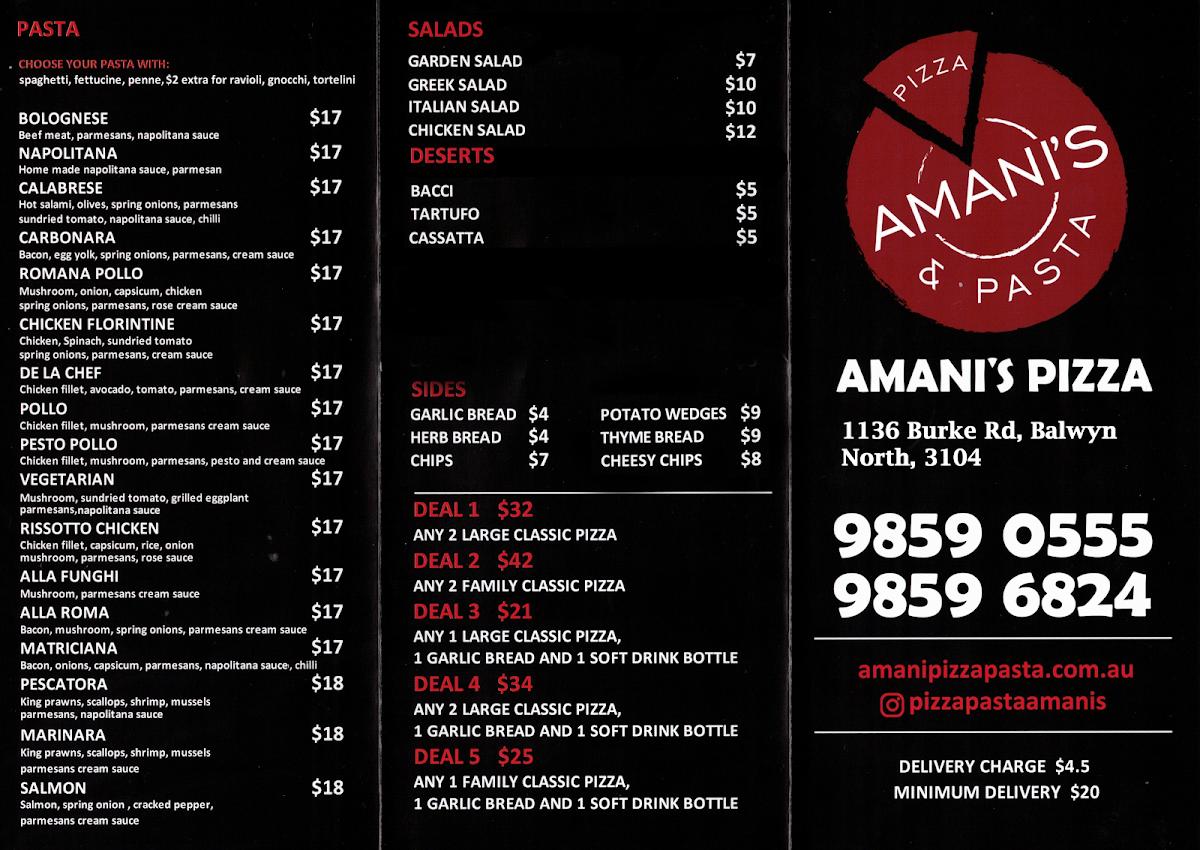Menu at Amani's Pizza Cafe, Balwyn North