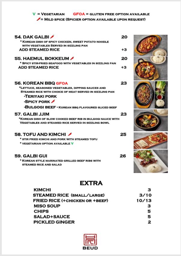 Menu at Beud restaurant, Maitland