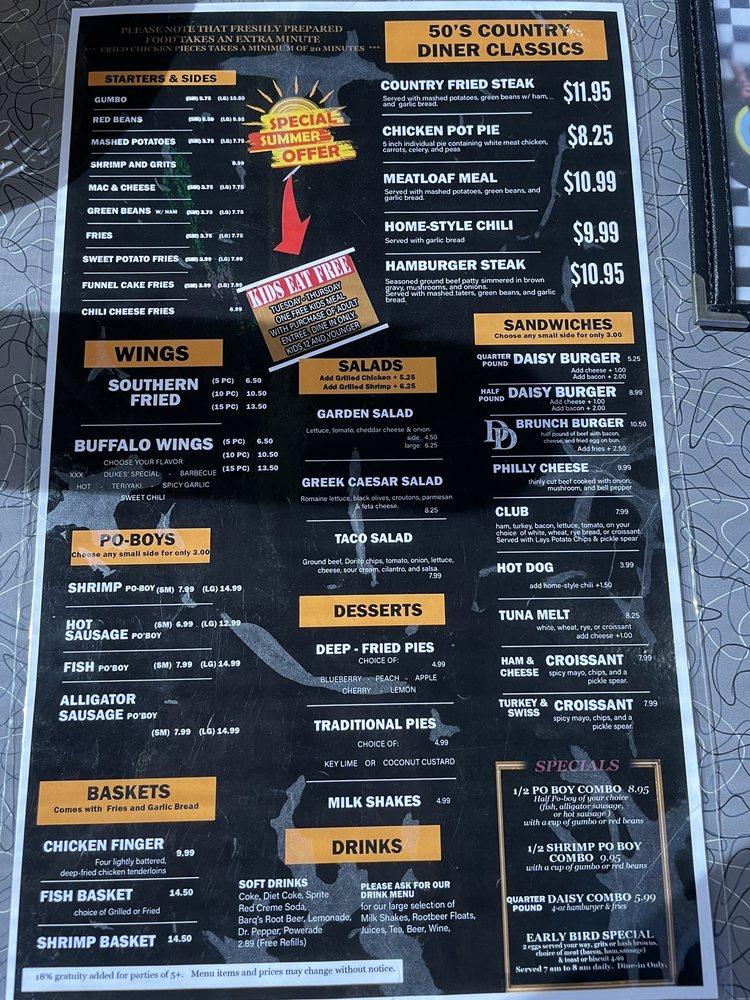 Menu at Daisy Dukes Diner Kenner restaurant, Kenner