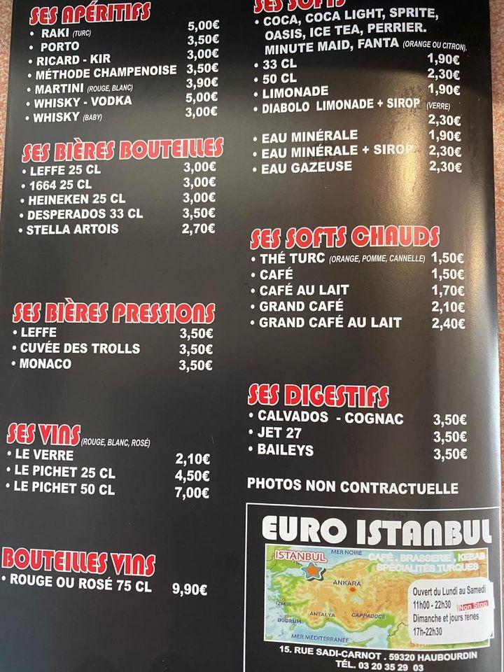 Menu at Euro Istanbul fast food, Haubourdin