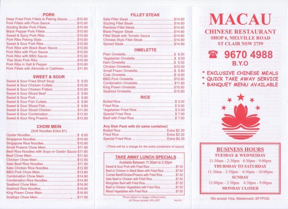 Menu at Macau restaurant, Saint Clair