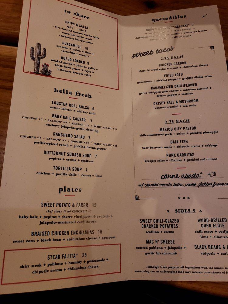 Menu at Nada restaurant, North Bethesda