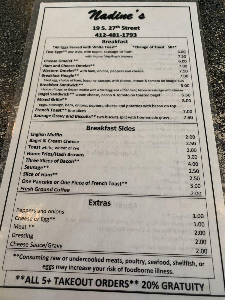 Menu at Nadine's Restaurant, Pittsburgh