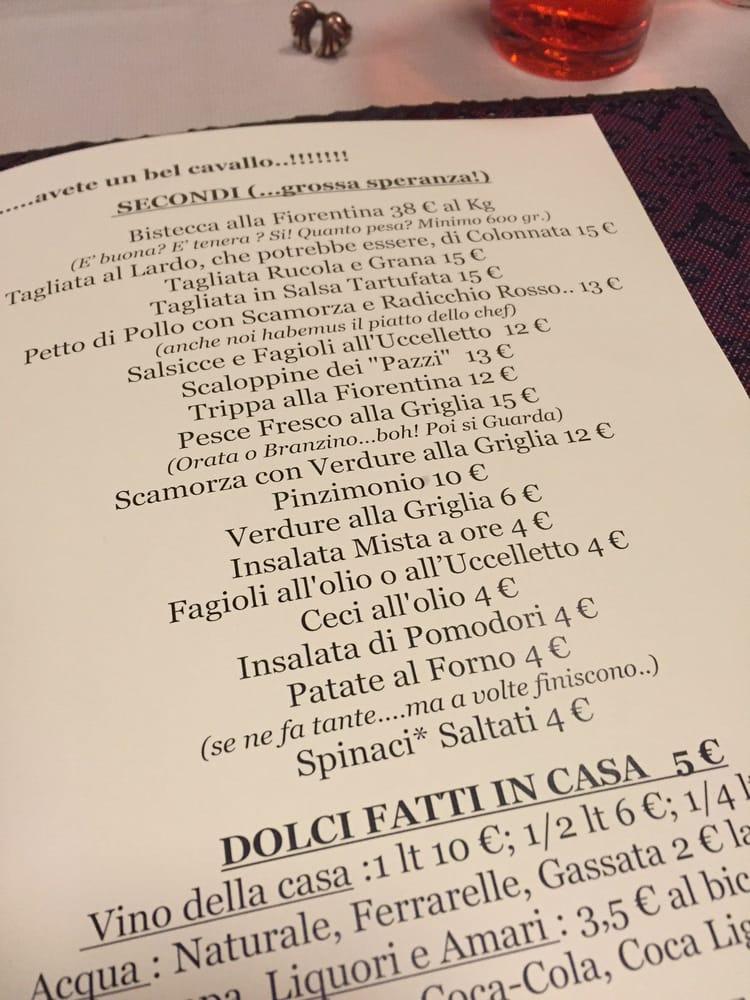 Menu at Osteria dei Pazzi restaurant, Florence